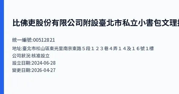 比佛吏股份有限公司附設臺北市私立小書包文理技藝短期補習班友友分班的照片-統編 00512821(臺北市) 公司登記資料與營業項目詳細圖表