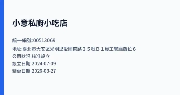 小意私廚小吃店的照片-統編 00513069(臺北市) 公司登記資料與營業項目詳細圖表