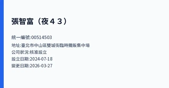 張智富(夜43)的照片-統編 00514503(臺北市) 公司登記資料與營業項目詳細圖表