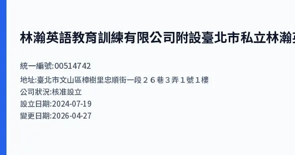 林瀚英語教育訓練有限公司附設臺北市私立林瀚英語文理短期補習班木柵分班的照片-統編 00514742(臺北市) 公司登記資料與營業項目詳細圖表