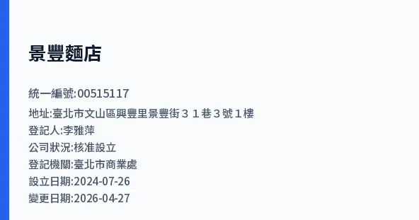 景豐麵店的照片-統編 00515117(臺北市) 公司登記資料與營業項目詳細圖表