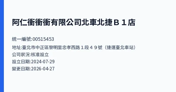 阿仁衝衝衝有限公司北車北捷B1店的照片-統編 00515453(臺北市) 公司登記資料與營業項目詳細圖表