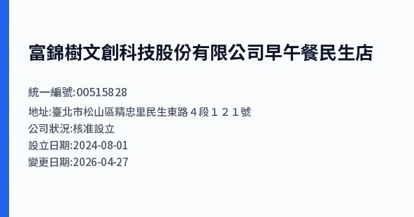 富錦樹文創科技股份有限公司早午餐民生店的照片-統編 00515828(臺北市) 公司登記資料與營業項目詳細圖表