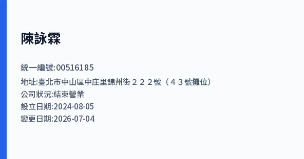 陳詠霖的照片-統編 00516185(臺北市) 公司登記資料與營業項目詳細圖表