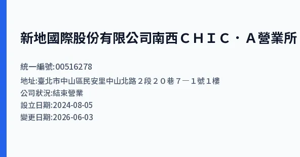 新地國際股份有限公司南西CHIC.A營業所的照片-統編 00516278(臺北市) 公司登記資料與營業項目詳細圖表