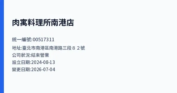 肉寓料理所南港店的照片-統編 00517311(臺北市) 公司登記資料與營業項目詳細圖表