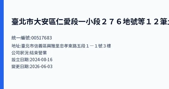 臺北市大安區仁愛段一小段276地號等12筆土地更新單元都市更新會的照片-統編 00517683(臺北市) 公司登記資料與營業項目詳細圖表