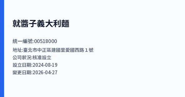 就醬子義大利麵的照片-統編 00518000(臺北市) 公司登記資料與營業項目詳細圖表