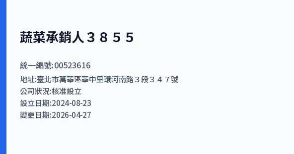 蔬菜承銷人3855的照片-統編 00523616(臺北市) 公司登記資料與營業項目詳細圖表