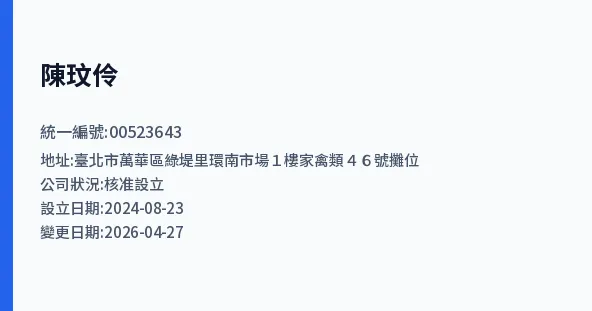 陳玟伶的照片-統編 00523643(臺北市) 公司登記資料與營業項目詳細圖表