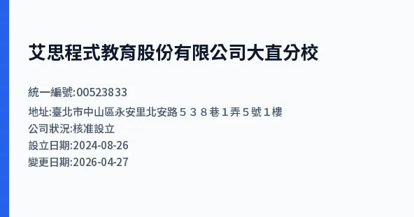 艾思程式教育股份有限公司大直分校的照片-統編 00523833(臺北市) 公司登記資料與營業項目詳細圖表