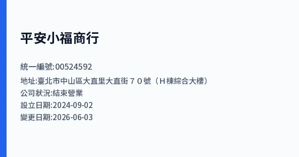 平安小福商行的照片-統編 00524592(臺北市) 公司登記資料與營業項目詳細圖表