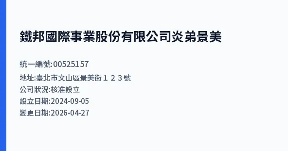 鐵邦國際事業股份有限公司炎弟景美的照片-統編 00525157(臺北市) 公司登記資料與營業項目詳細圖表