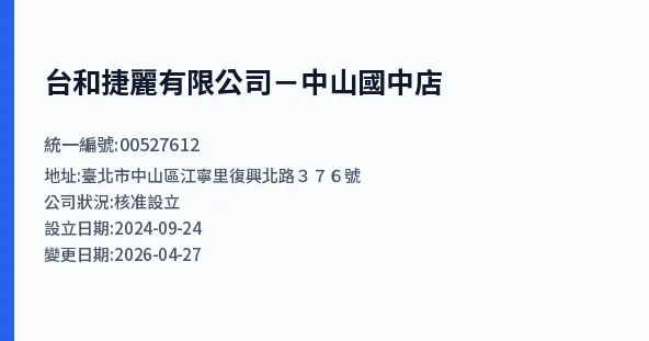 台和捷麗有限公司-中山國中店的照片-統編 00527612(臺北市) 公司登記資料與營業項目詳細圖表