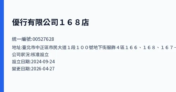 優行有限公司168店的照片-統編 00527628(臺北市) 公司登記資料與營業項目詳細圖表