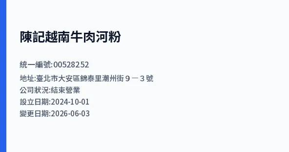 陳記越南牛肉河粉的照片-統編 00528252(臺北市) 公司登記資料與營業項目詳細圖表