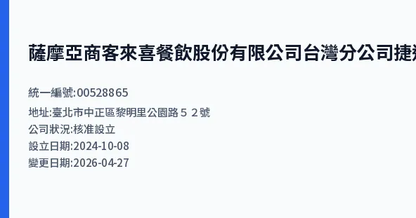 薩摩亞商客來喜餐飲股份有限公司台灣分公司捷運台大醫院二門市的照片-統編 00528865(臺北市) 公司登記資料與營業項目詳細圖表