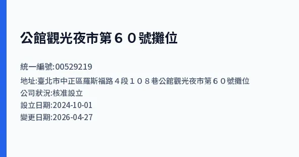 公館觀光夜市第60號攤位的照片-統編 00529219(臺北市) 公司登記資料與營業項目詳細圖表