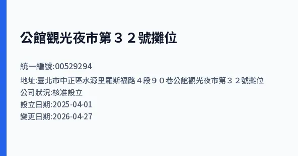 公館觀光夜市第32號攤位的照片-統編 00529294(臺北市) 公司登記資料與營業項目詳細圖表