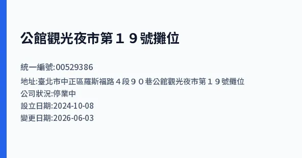 公館觀光夜市第19號攤位的照片-統編 00529386(臺北市) 公司登記資料與營業項目詳細圖表