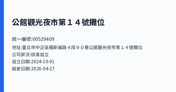 公館觀光夜市第14號攤位的照片-統編 00529409(臺北市) 公司登記資料與營業項目詳細圖表