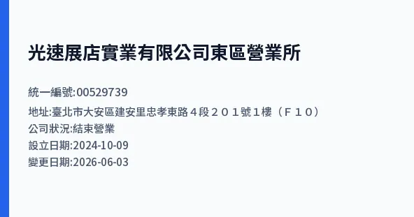 光速展店實業有限公司東區營業所的照片-統編 00529739(臺北市) 公司登記資料與營業項目詳細圖表