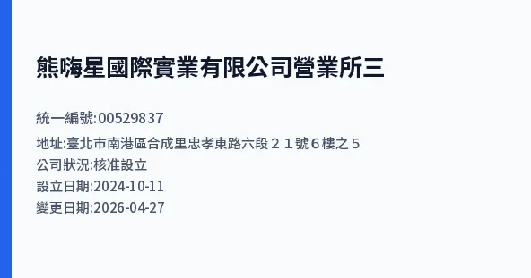 熊嗨星國際實業有限公司營業所三的照片-統編 00529837(臺北市) 公司登記資料與營業項目詳細圖表