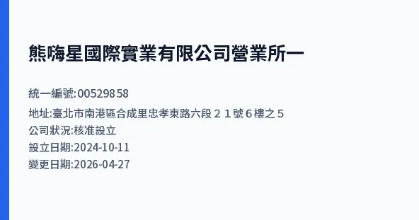 熊嗨星國際實業有限公司營業所一的照片-統編 00529858(臺北市) 公司登記資料與營業項目詳細圖表