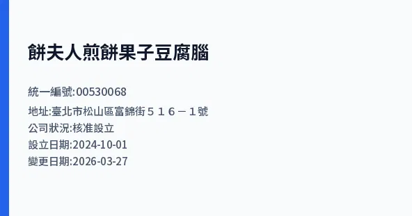 餅夫人煎餅果子豆腐腦的照片-統編 00530068(臺北市) 公司登記資料與營業項目詳細圖表