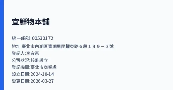 宜鮮物本舖的照片-統編 00530172(臺北市) 公司登記資料與營業項目詳細圖表