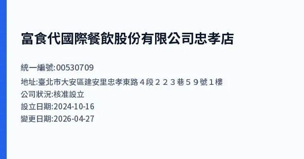富食代國際餐飲股份有限公司忠孝店的照片-統編 00530709(臺北市) 公司登記資料與營業項目詳細圖表
