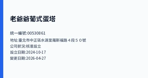 老爺爺葡式蛋塔的照片-統編 00530861(臺北市) 公司登記資料與營業項目詳細圖表