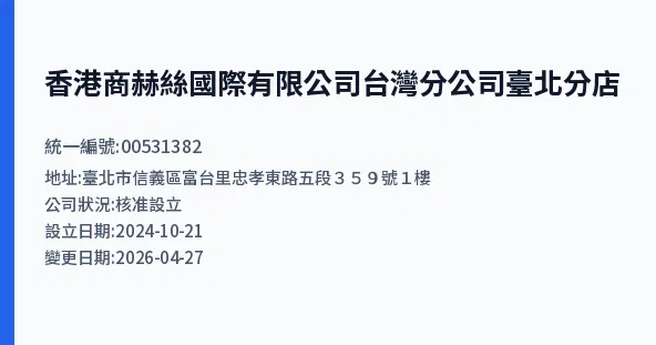香港商赫絲國際有限公司台灣分公司臺北分店的照片-統編 00531382(臺北市) 公司登記資料與營業項目詳細圖表