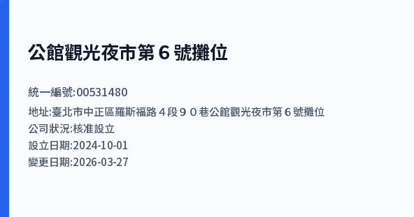 公館觀光夜市第6號攤位的照片-統編 00531480(臺北市) 公司登記資料與營業項目詳細圖表