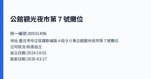 公館觀光夜市第7號攤位的照片-統編 00531496(臺北市) 公司登記資料與營業項目詳細圖表