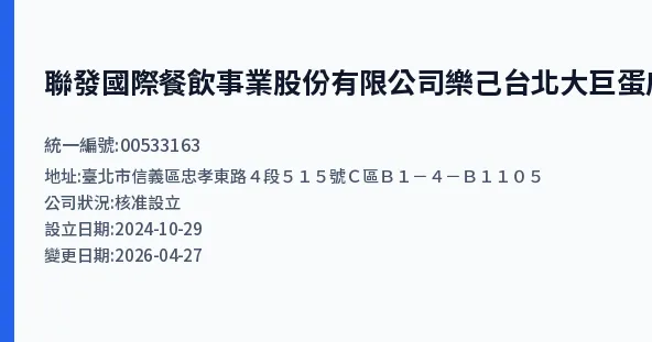 聯發國際餐飲事業股份有限公司樂己台北大巨蛋店的照片-統編 00533163(臺北市) 公司登記資料與營業項目詳細圖表
