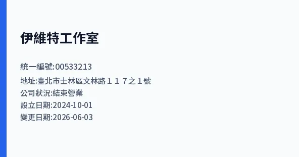 伊維特工作室的照片-統編 00533213(臺北市) 公司登記資料與營業項目詳細圖表