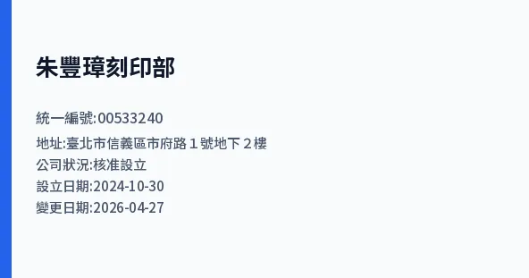 朱豐璋刻印部的照片-統編 00533240(臺北市) 公司登記資料與營業項目詳細圖表