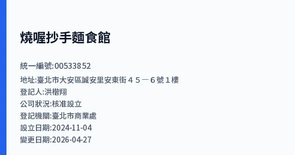 燒喔抄手麵食館的照片-統編 00533852(臺北市) 公司登記資料與營業項目詳細圖表