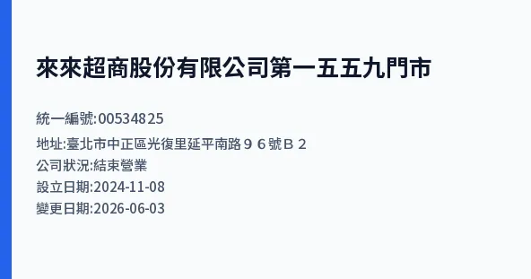 來來超商股份有限公司第一五五九門市的照片-統編 00534825(臺北市) 公司登記資料與營業項目詳細圖表