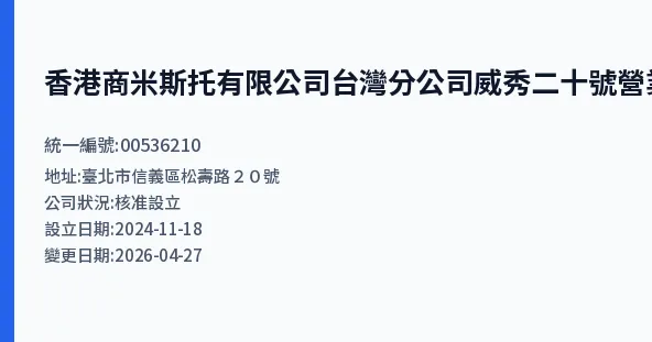 香港商米斯托有限公司台灣分公司威秀二十號營業所的照片-統編 00536210(臺北市) 公司登記資料與營業項目詳細圖表