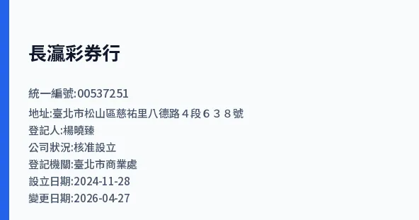 長灜彩券行的照片-統編 00537251(臺北市) 公司登記資料與營業項目詳細圖表
