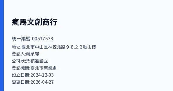 瘋馬文創商行的照片-統編 00537533(臺北市) 公司登記資料與營業項目詳細圖表