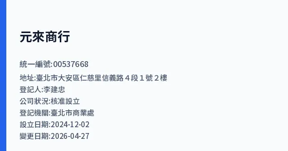 元來商行的照片-統編 00537668(臺北市) 公司登記資料與營業項目詳細圖表