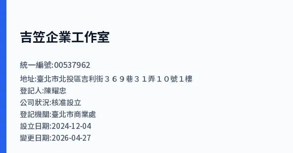 吉笠企業工作室的照片-統編 00537962(臺北市) 公司登記資料與營業項目詳細圖表
