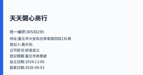 天天開心商行的照片-統編 00538293(臺北市) 公司登記資料與營業項目詳細圖表