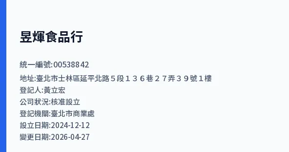 昱煇食品行的照片-統編 00538842(臺北市) 公司登記資料與營業項目詳細圖表