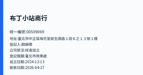 布丁小站商行的照片-統編 00539069(臺北市) 公司登記資料與營業項目詳細圖表