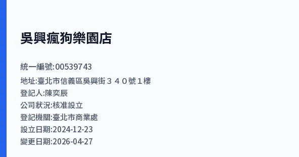吳興瘋狗樂園店的照片-統編 00539743(臺北市) 公司登記資料與營業項目詳細圖表