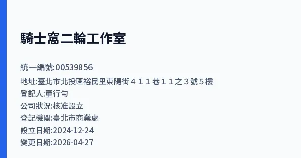 騎士窩二輪工作室的照片-統編 00539856(臺北市) 公司登記資料與營業項目詳細圖表